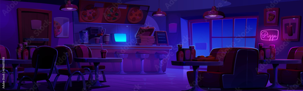 Pizzeria interior at night with furniture and equipment. Dark closed ...