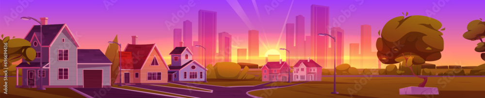 Suburban landscape at sunset or sunrise. Morning or evening cartoon ...