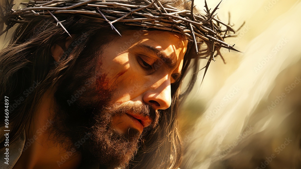 Religious scene with Jesus Christ wearing a crown of thorns looking up ...