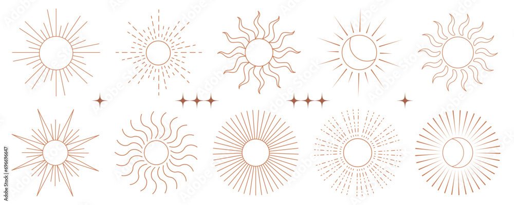 Boho sun vector logo. Outline bohemian moon with rays. Minimal magic ...