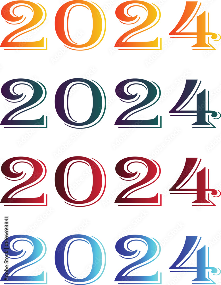 Set of 2024 colorful Gradients outline Text Effect, Outline Number ...