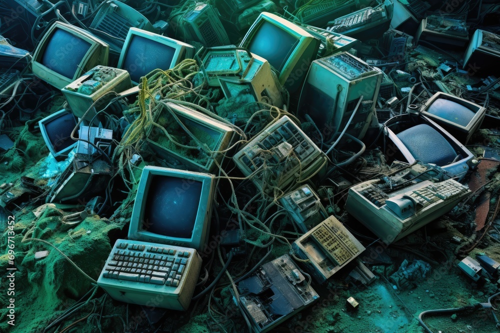 Old computer in garbage dump. Concept of pollution of the planet ...