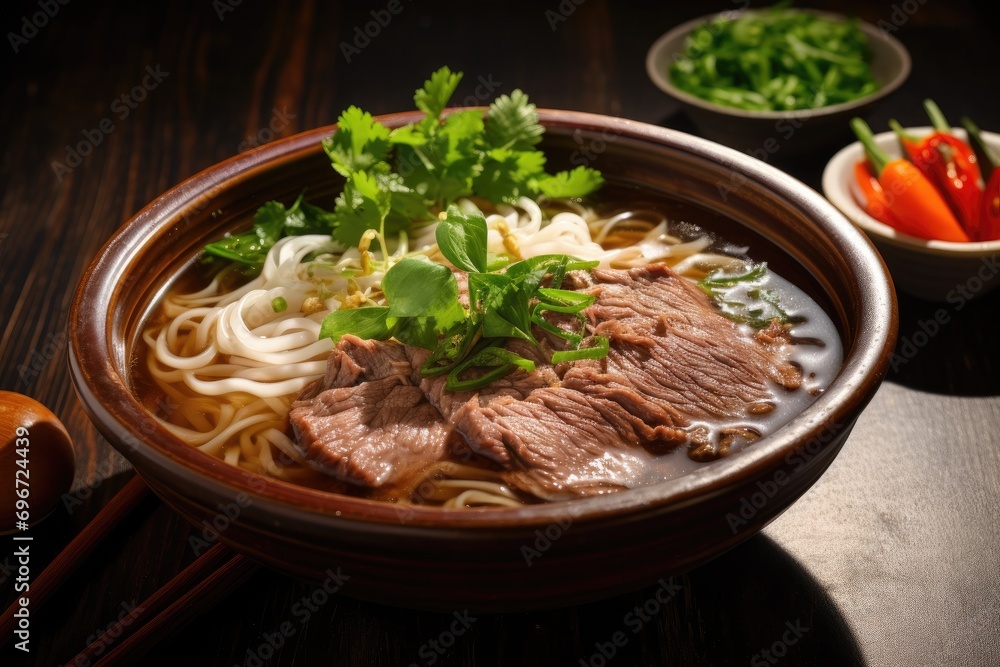 korean food beef noodles soup, An image of a steaming bowl of pho with ...