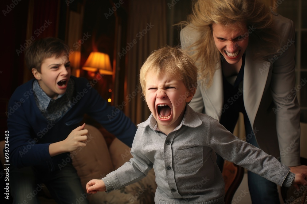young family with son at home, mother and son, angry family screaming, yelling and screaming in ...