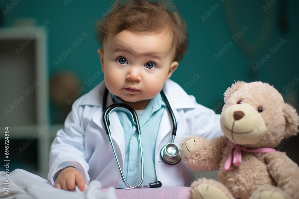 Cute baby girl playing doctor with stethoscope and toy bear, baby and ...