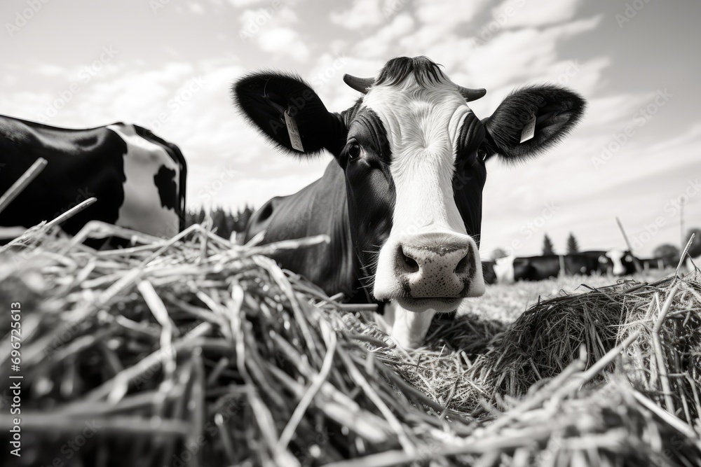 Black and white image of a cow eating hay on a farm, Black and white ...