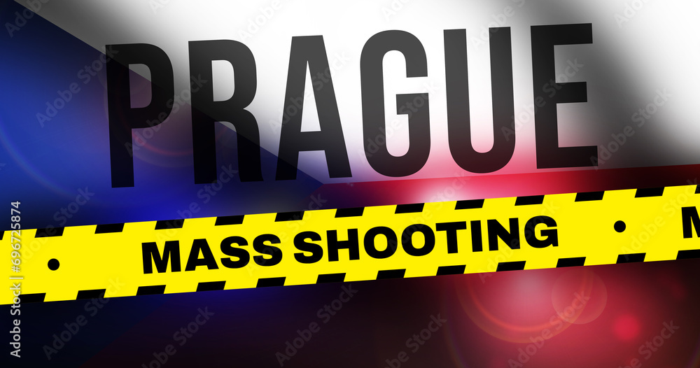 Prague Mass Shooting news concept background with police lights, yellow ...