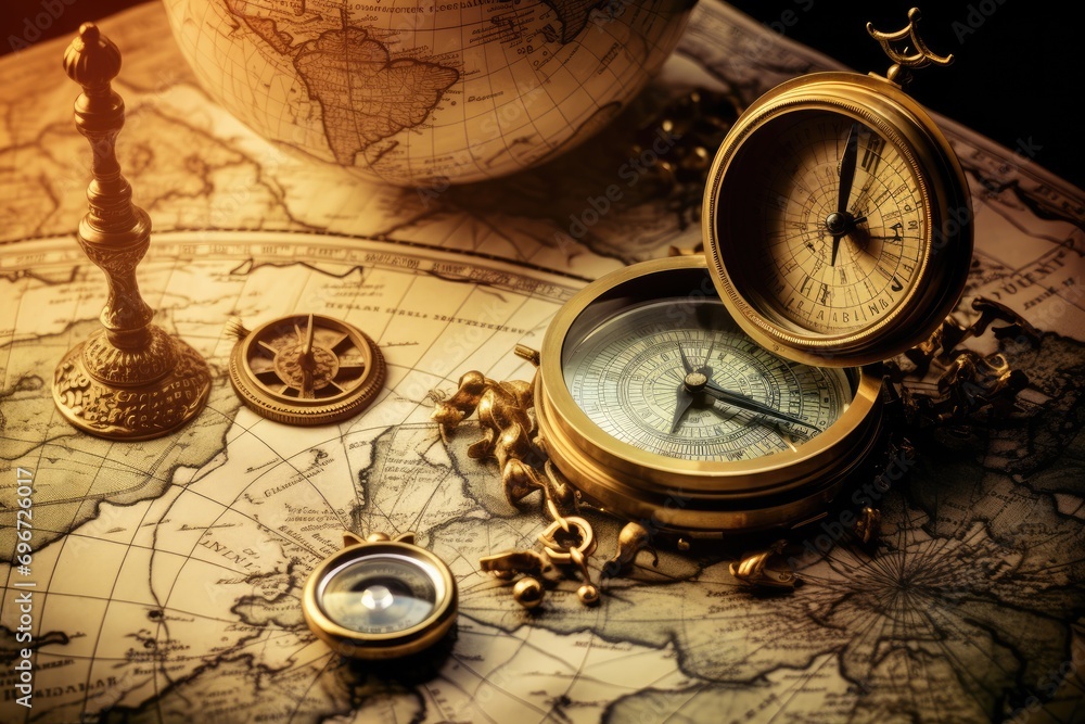 compass and map. world map and compass. compass with map, An old ...
