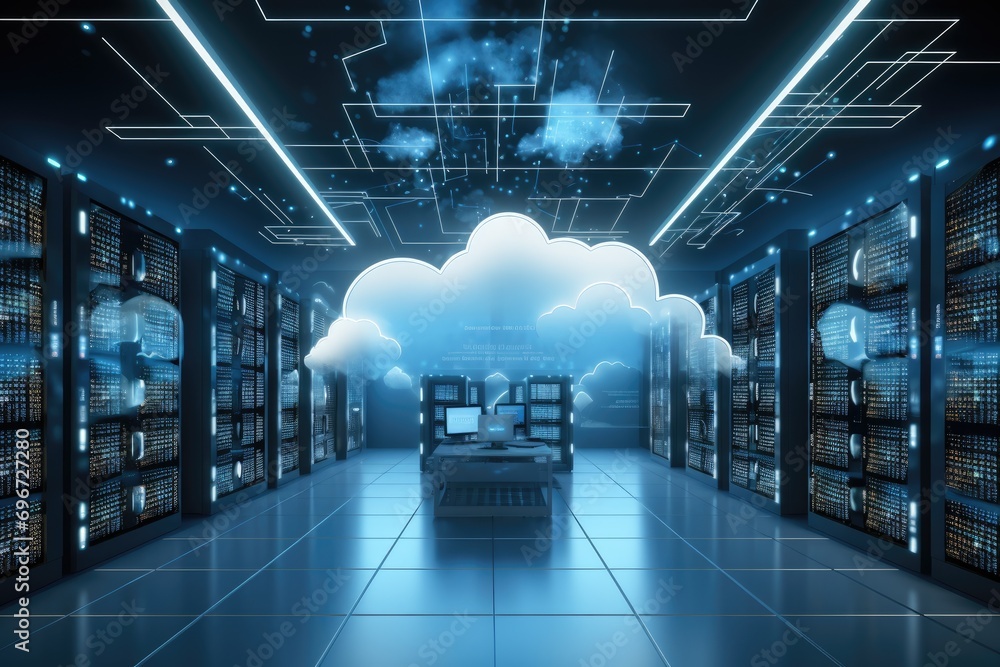 Cloud computing concept with servers in data center 3D rendering toned image, Backup cloud data ...