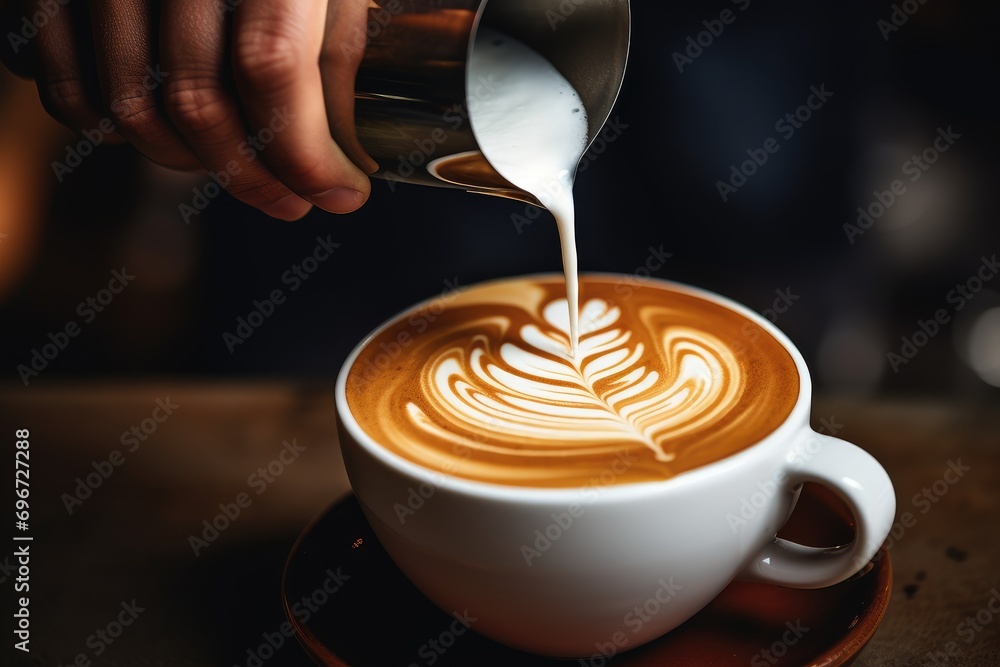 Coffee latte art on the wooden table in coffee shop, Barista pouring ...
