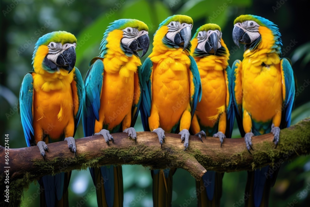 Colorful macaw parrots on a branch in the forest, Beautiful macaws in ...