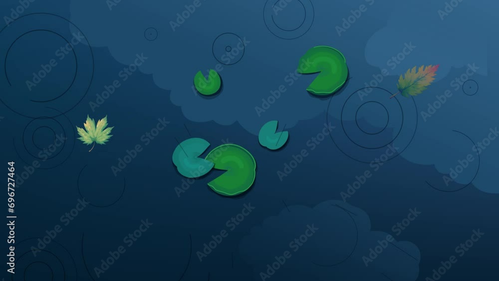 Animated lake with raindrops, featuring lotus flowers, dried blooms in ...