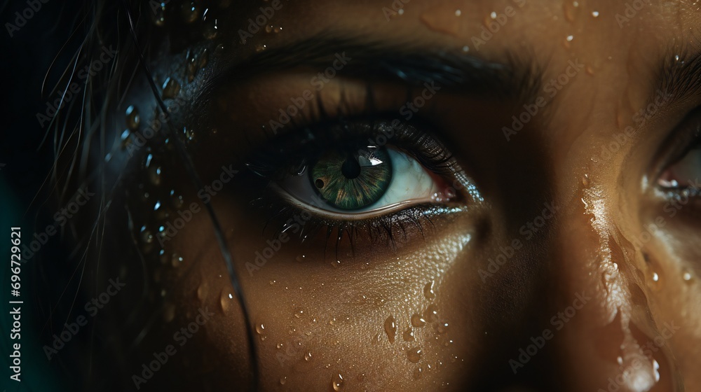 A portrait of a sad Indian woman's tearful eyes, symbolizing mental ...