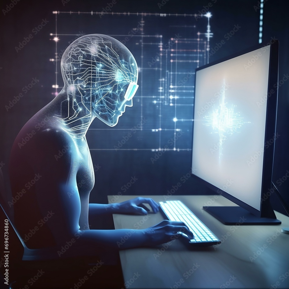 A robot humanoid android cyborg with artificial intelligence working at the computer. Stock ...