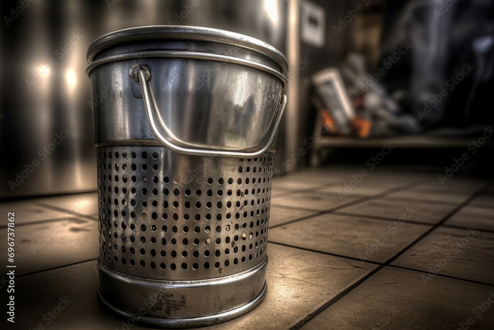 Trash bin closeup photo. Metallic waste dustbin on the floor. Generate ...