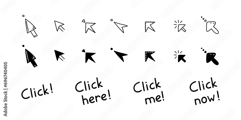 Doodle click here button set. Different mouse cursors with lettering ...