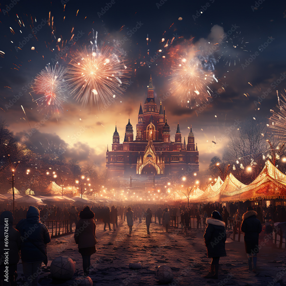 Crowded people walking into fireworks festival decorating with lights ...