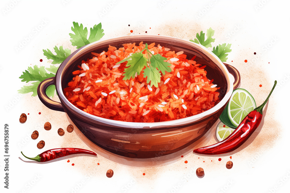 Watercolor Mexican red rice with vegetables and herbs on white ...