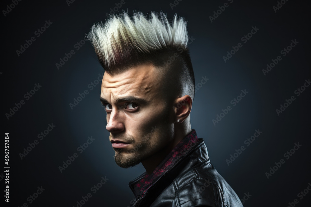 An artistic photograph featuring a man with a distinctive mohawk ...