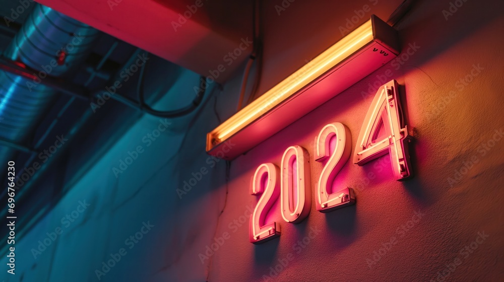 2024 neon new years sign on wall, gritty and grungy style with ...