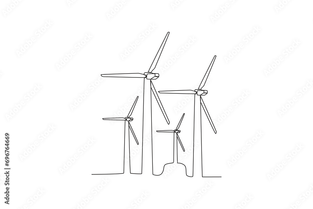 Single continuous line drawing of Windmills for turbine energy. Energy ...