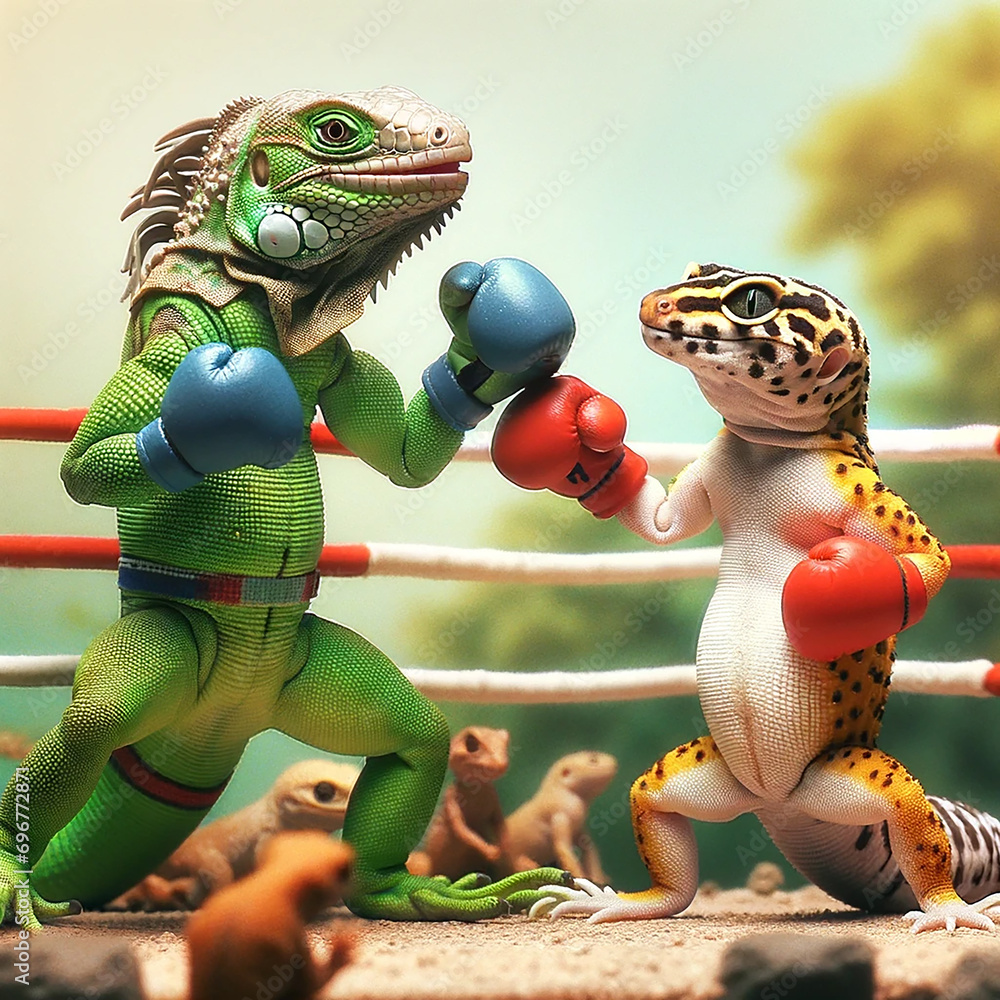 グリーンイグアナとボクシングするレオパ Photos | Adobe Stock