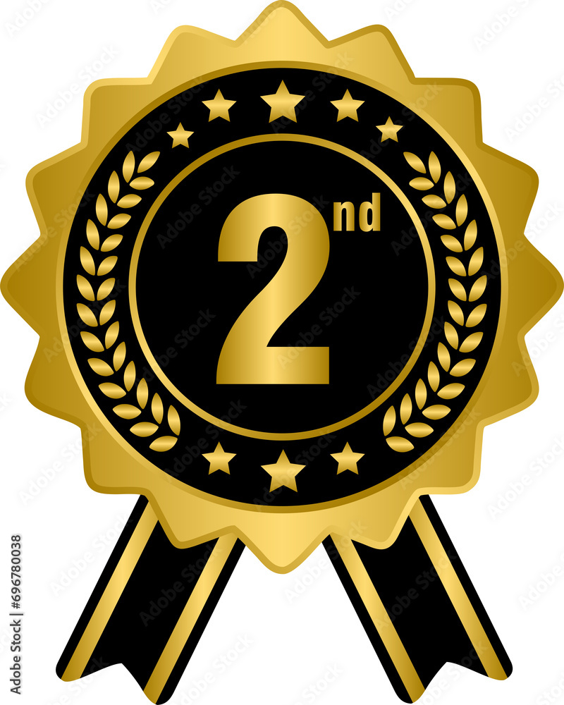 Golden 2nd prize ribbon medal, gold award winner badge Stock ...