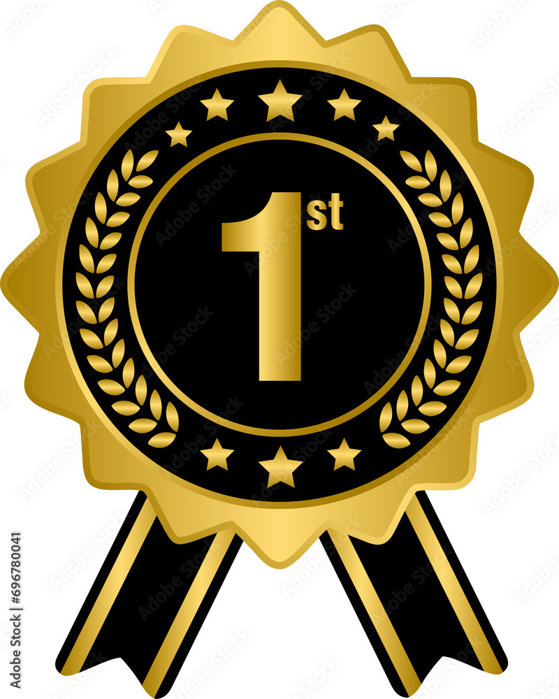 Golden 1st prize ribbon medal, gold award winner badge Stock ...