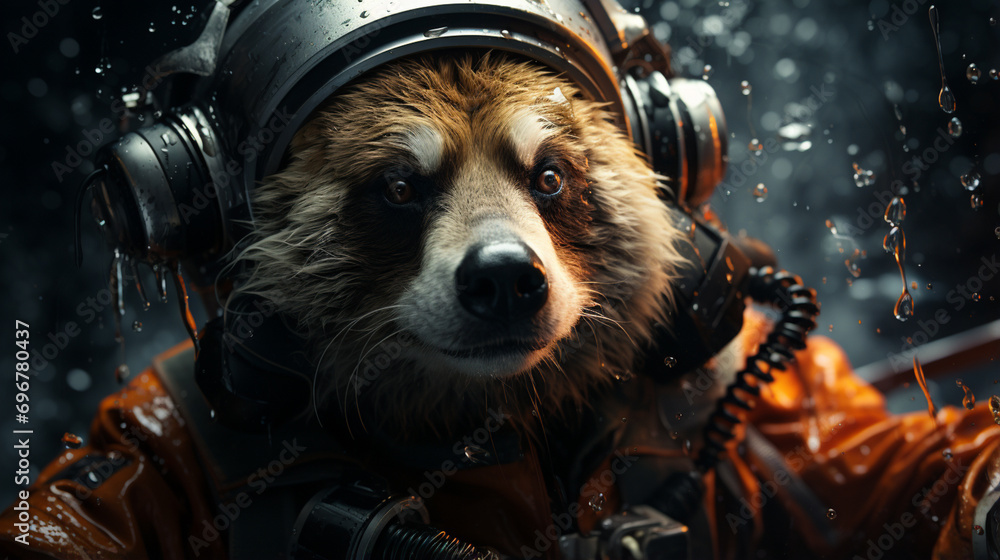 The cosmonaut red panda dressed in a space suit with a helmet on a dark ...