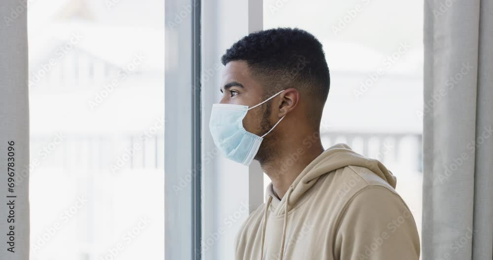 Man, mask and thinking by window with covid, virus and bacteria for ...