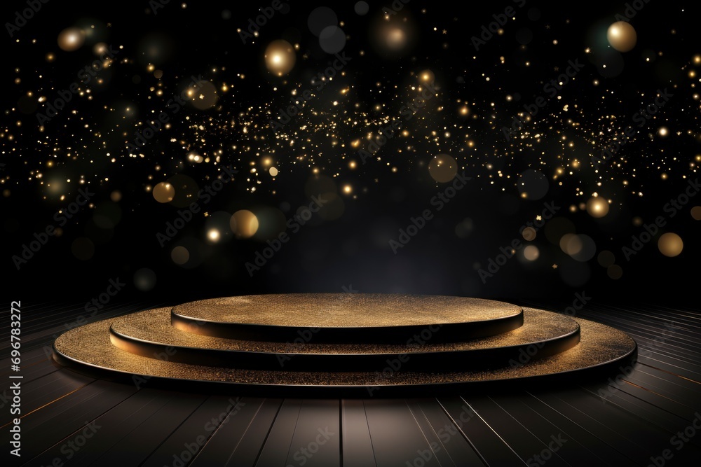 Black podium product stage with spotlight and golden glitter background ...