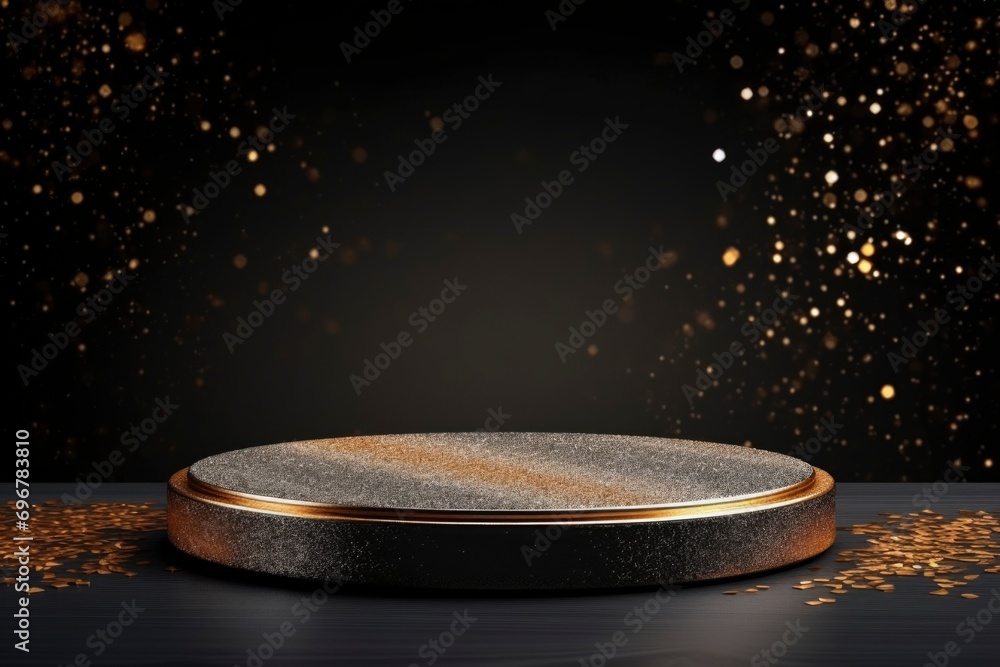 Black podium product stage with spotlight and golden glitter background ...