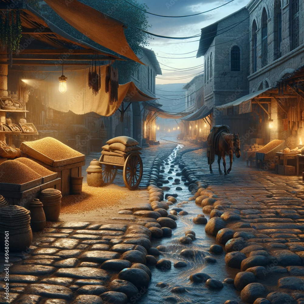 The images depict a rural street in the evening within a city from 2500 ...
