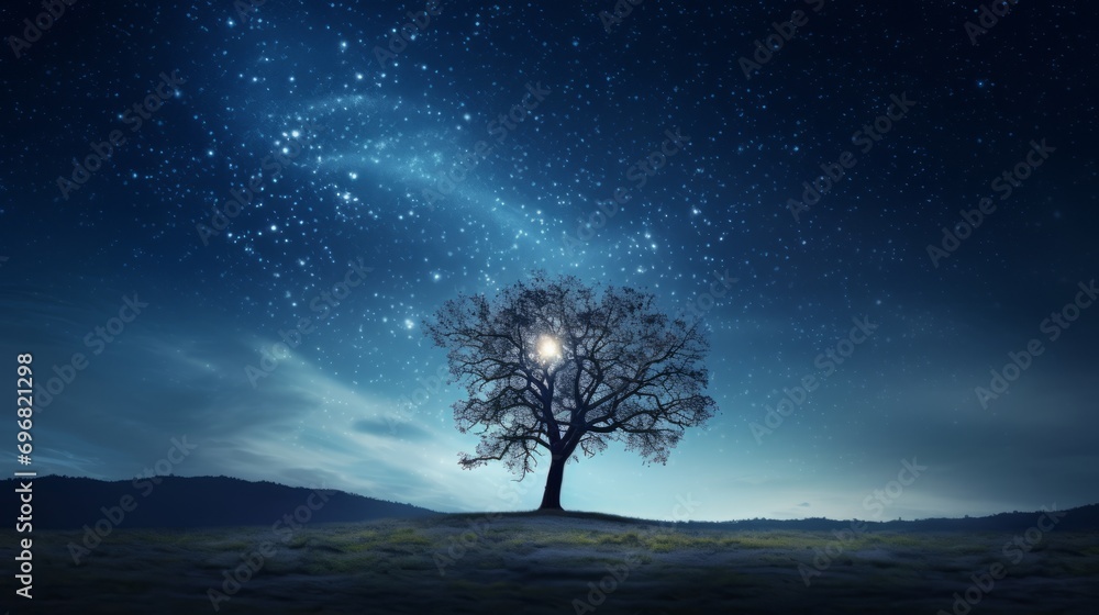 lone tree under a blue night sky with the moon shining through its ...