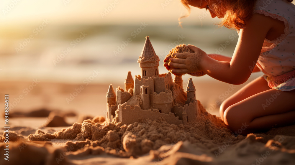 Boy, girl building sand castle on beach on blurred ocean background ...