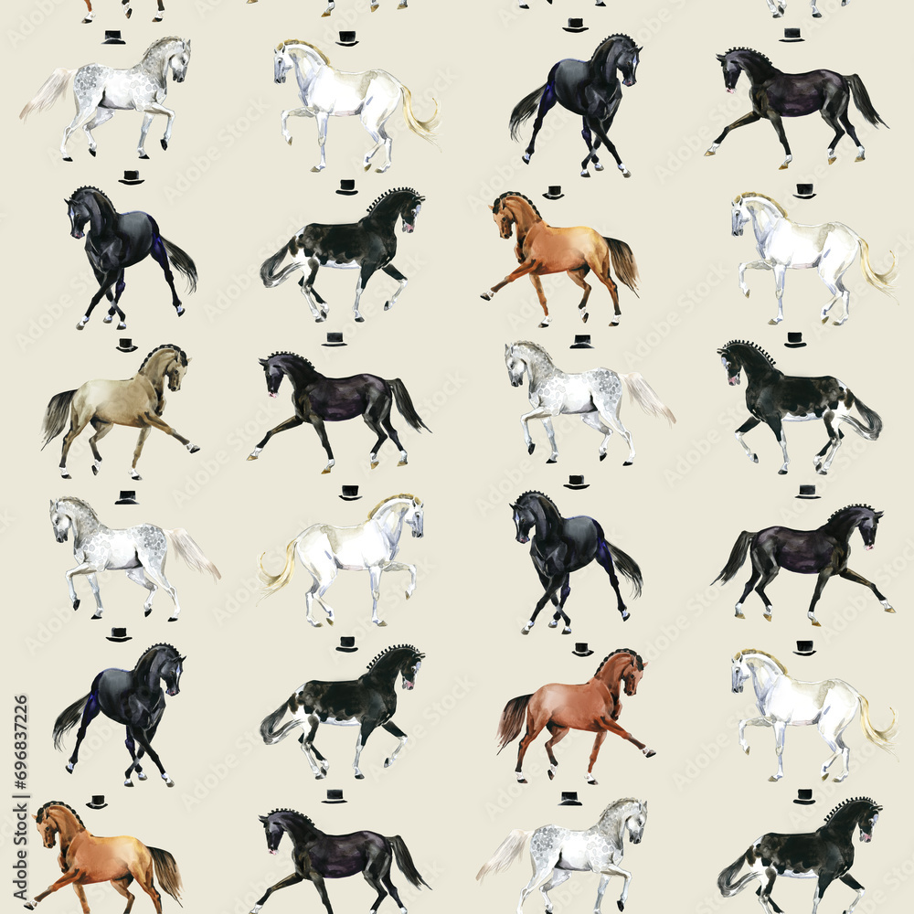 Watercolor hand painting horses pattern. Hand drawing background. Set ...