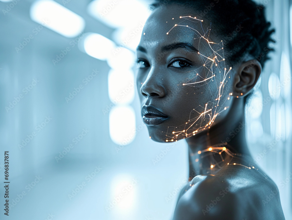 Artificial intelligence themed portrait, person with glowing circuit ...