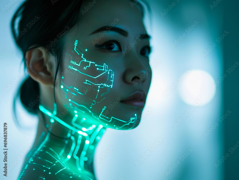 Artificial intelligence themed portrait, person with glowing circuit ...