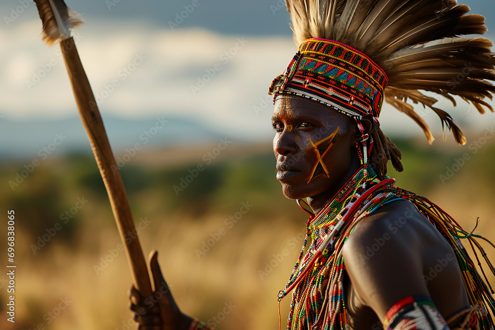 tribal warrior in traditional attire, full regalia with vibrant ...