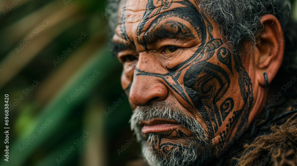 Foto de Maori man with traditional ta moko facial tattoos, powerful ...