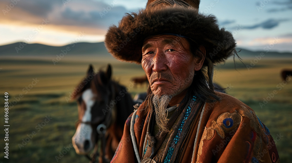 Mongolian nomad with traditional deel clothing, horseback in the steppe, rugged facial features ...