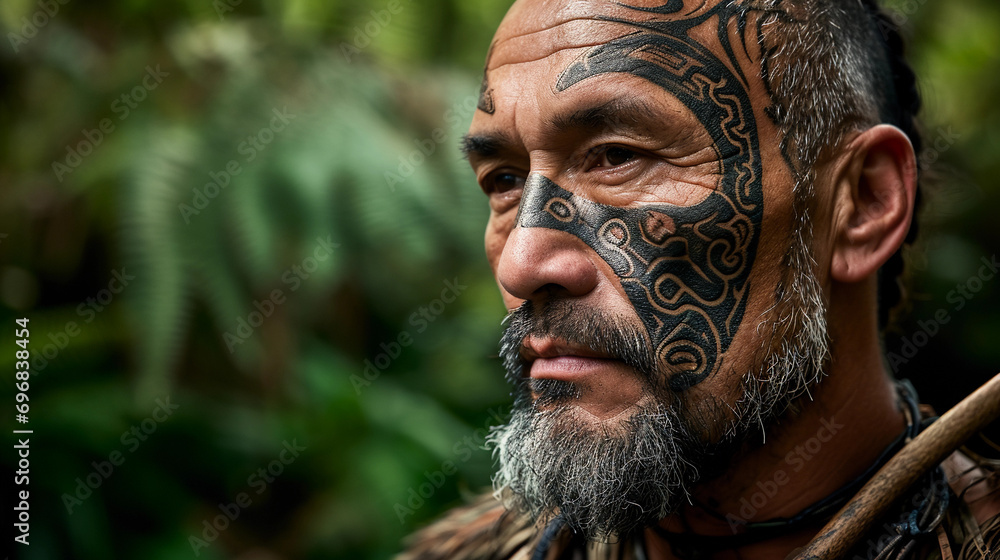 Maori man with traditional ta moko facial tattoos, powerful gaze ...
