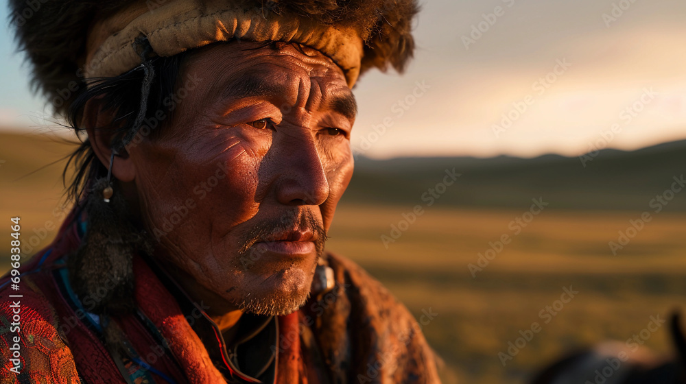 Mongolian nomad with traditional deel clothing, horseback in the steppe ...