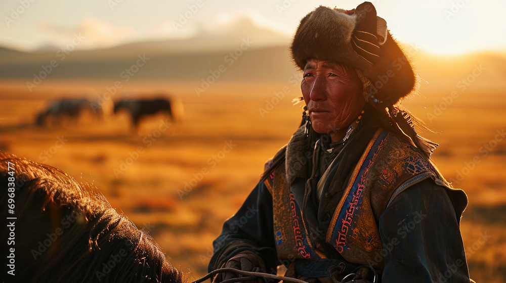 Mongolian nomad with traditional deel clothing, horseback in the steppe ...