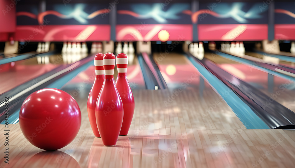 Red Bowling Ball and Bowling pins on bowling alley line. Bowling ...