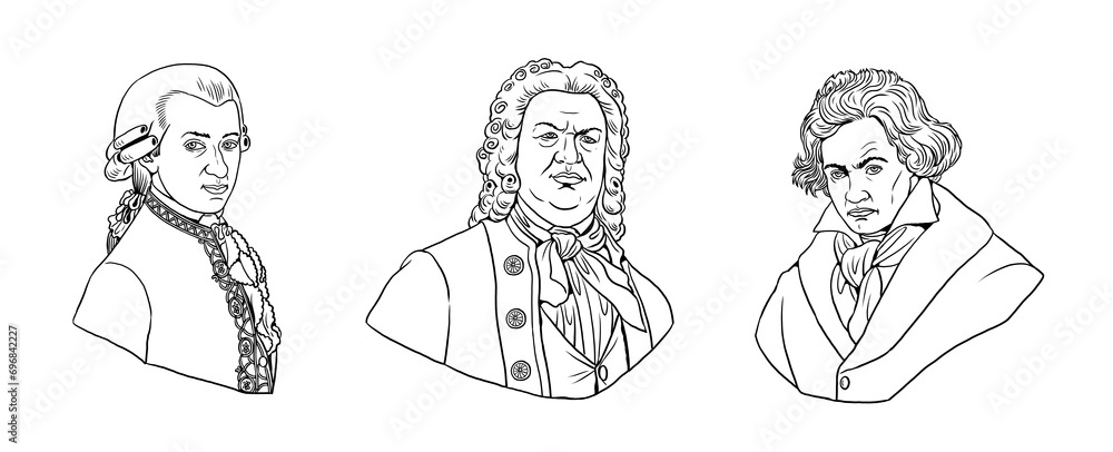 Portraits of world-famous composers: Mozart, Bach and Beethoven ...