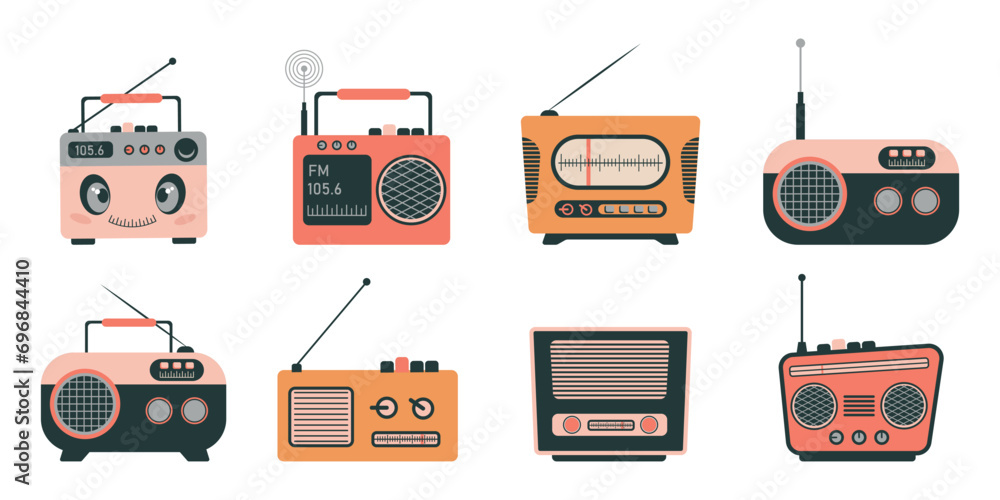 World Radio Day. A set with radios of different shapes and colors. Set ...