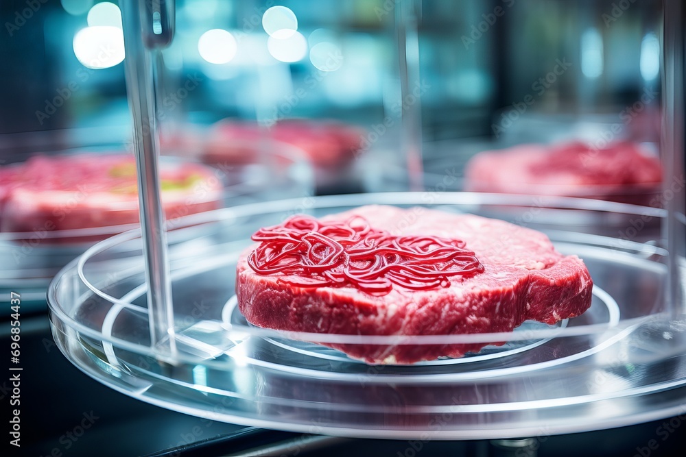 Scientist inspecting meat at laboratory, laboratory setting presents ...