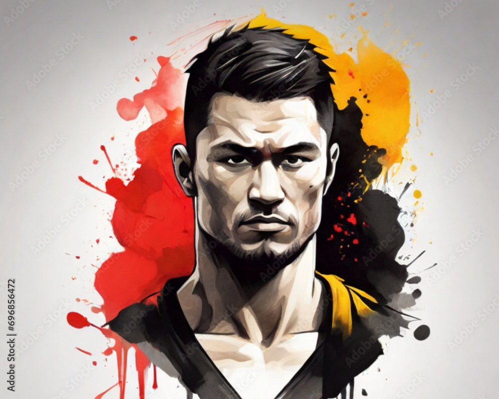 Logo-style portrayal of a martial artist with a fierce and penetrating ...
