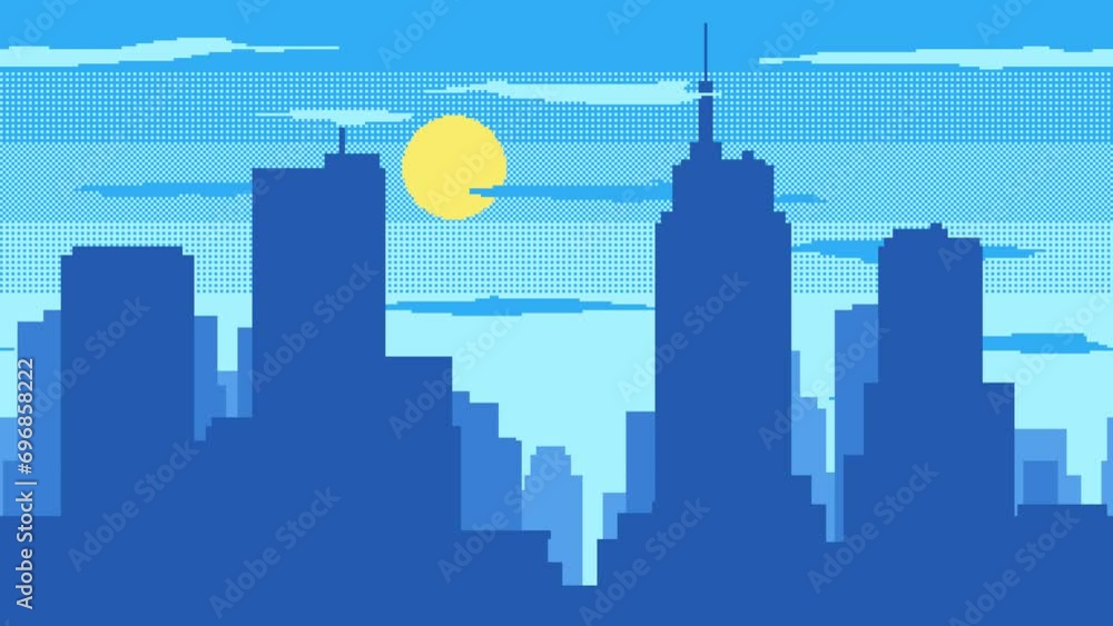 Animated pixel art design of day time cityscape with sun and moving ...